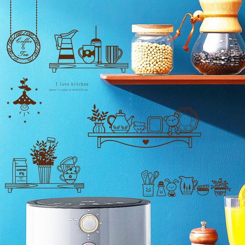Kitchen Wall Decal – Coffee & Tea Shelf Sticker | Café Style Vinyl Wall ...