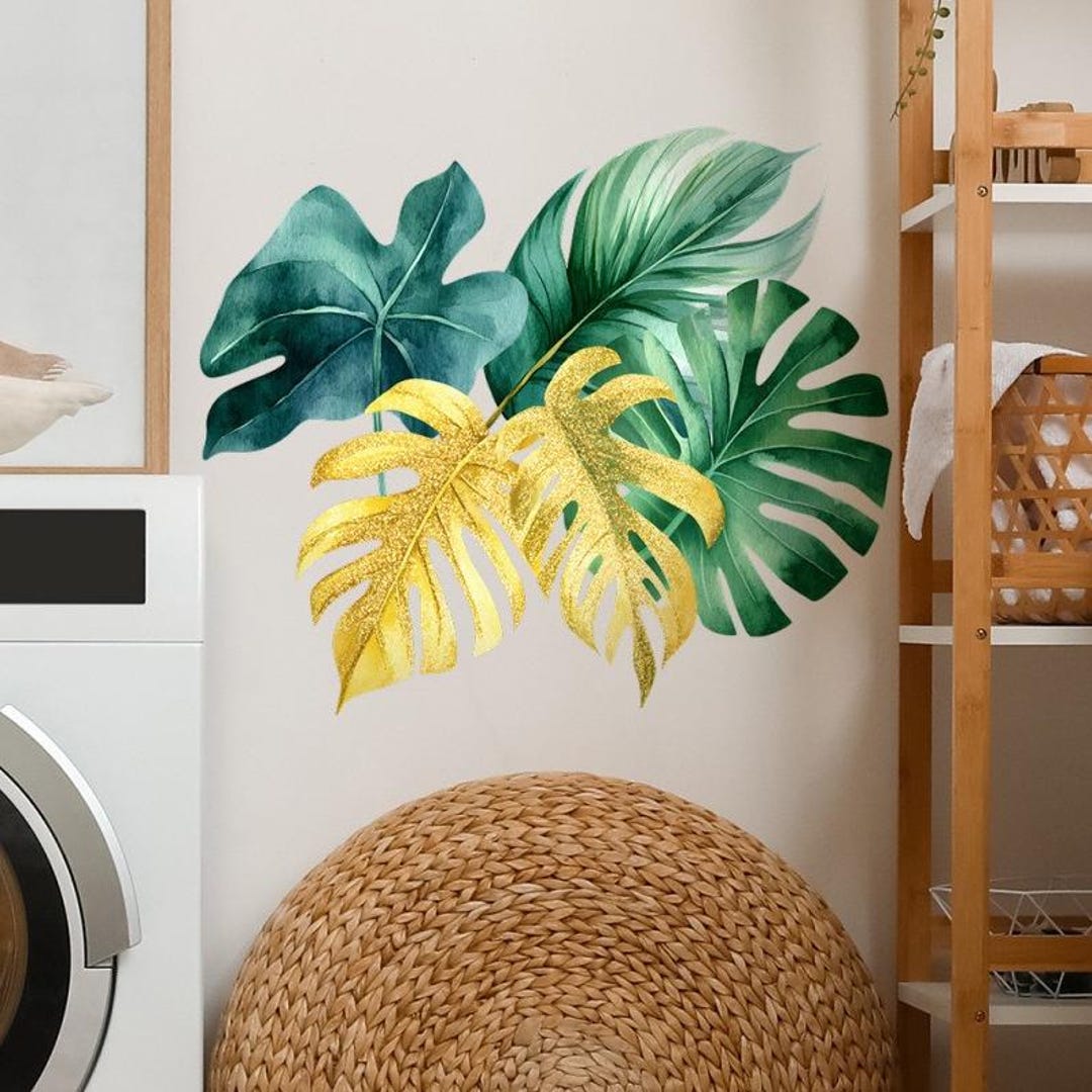 Tropical Jungle Leaves Wall Decal: Green & Gold Monstera - Boho Plant ...
