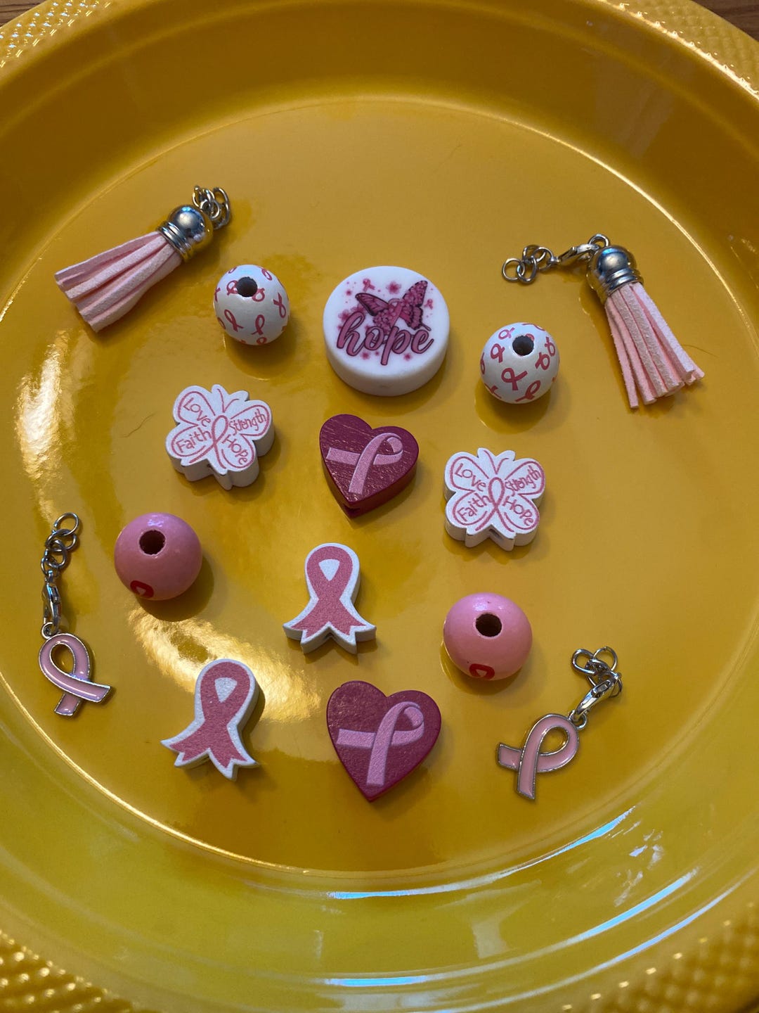 Mix of 10 Pink Cancer Ribbon Wood Beads, Plus One “hope Pink Ribbon ...