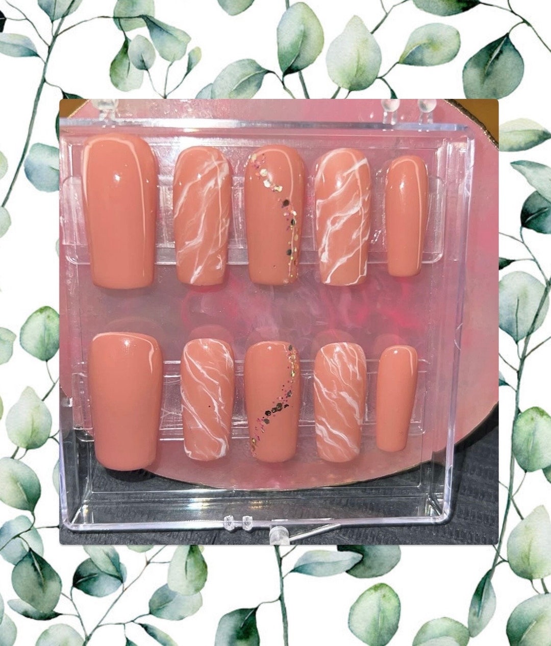 Natural Dusky Pink Press on Nails Finish With a White Marble and Chunky ...