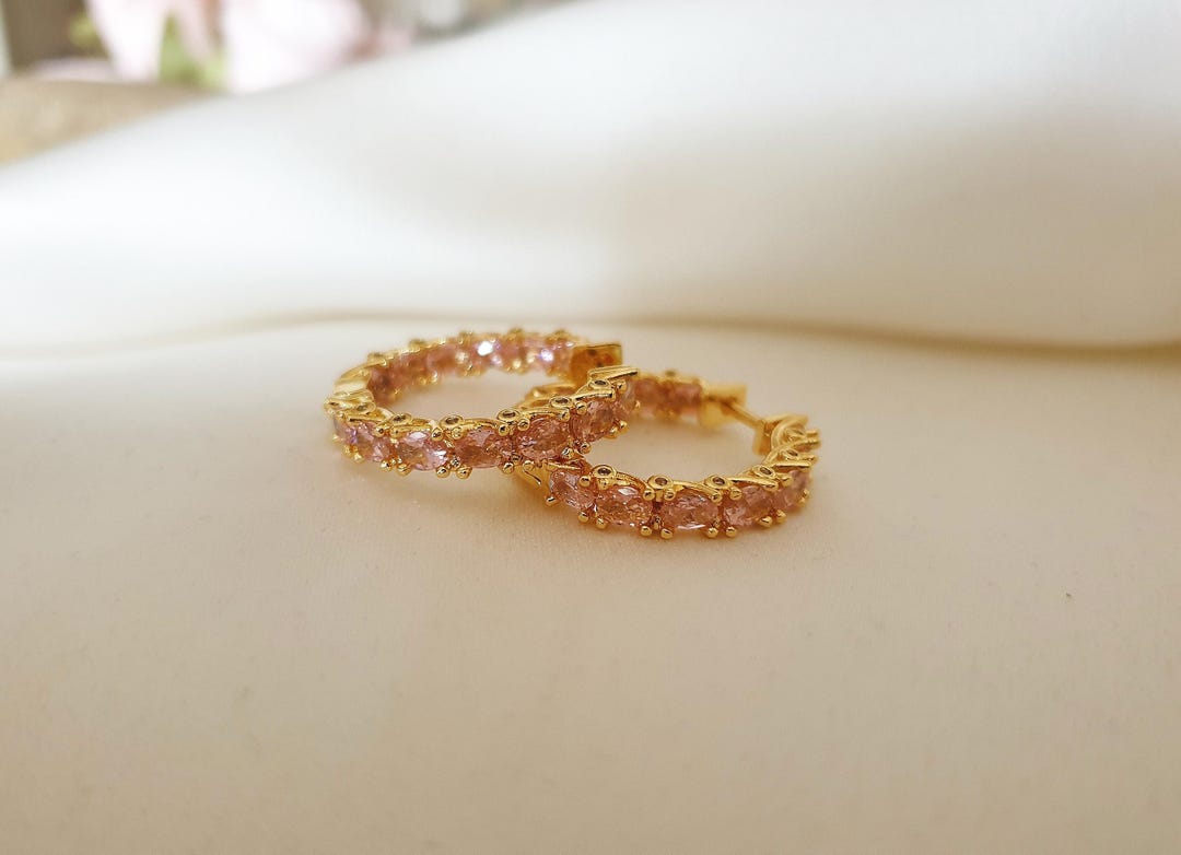 Gold Pink Princess Hoop Earrings • CZ Pink Rose Quartzs Lovely Huggies ...