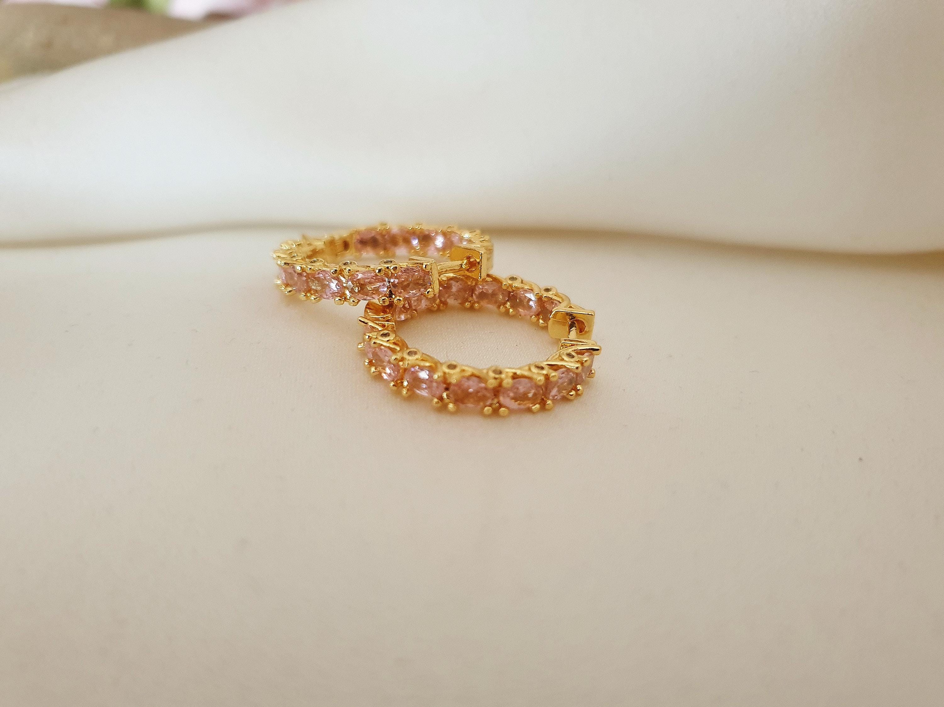 Gold Pink Princess Hoop Earrings • CZ Pink Rose Quartzs Lovely Huggies ...