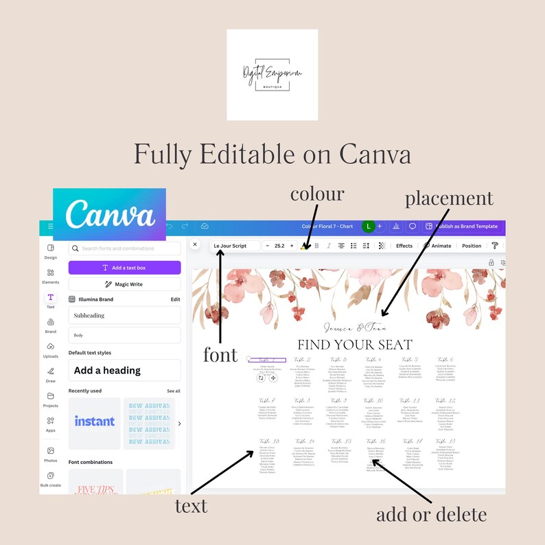 Wedding Seating Chart Table Numbers TEMPLATES on CANVA Stylish Design ...