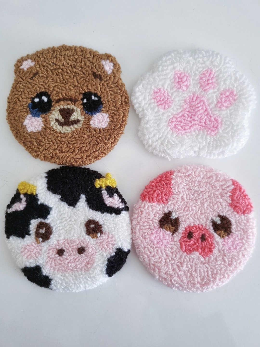 Set of 2 Car Coasters, Kawaii Punch Needle Coaster, Pig Bear Cow, Pink ...