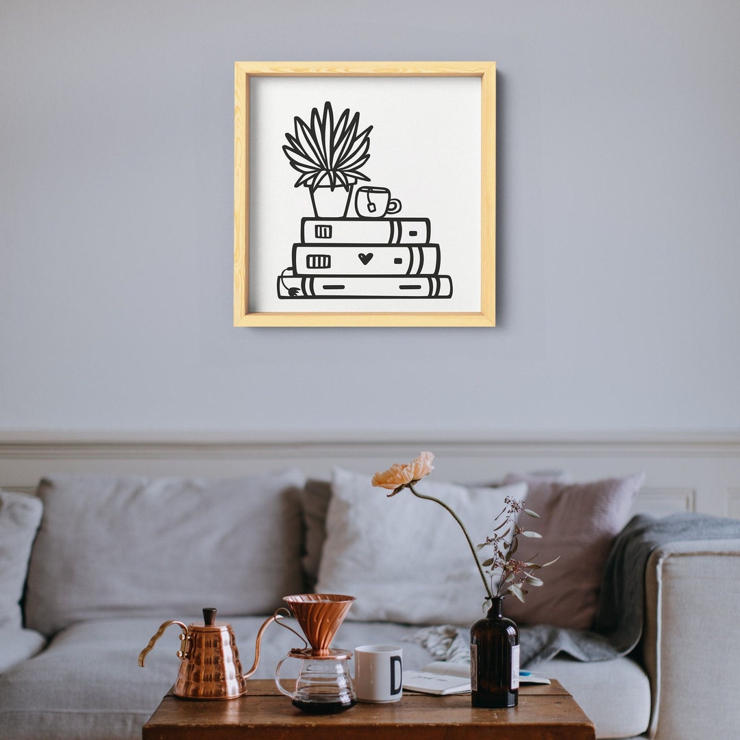 Books Tea and Plant Wood Frame Sign, Stack of Books Sign, Wood Frame ...