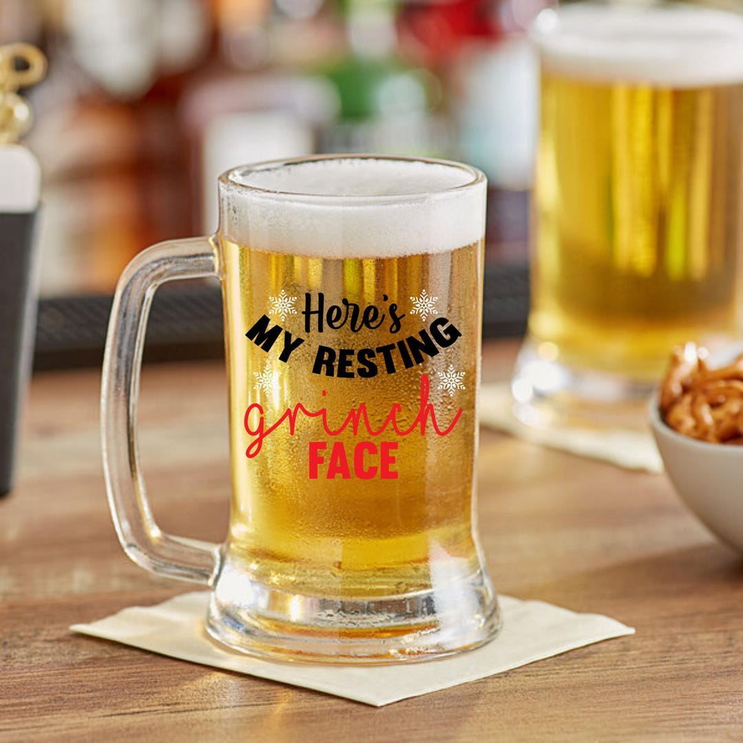 Resting Grinch Face Beer Mug - Funny Christmas Glass Stein, Engraved ...