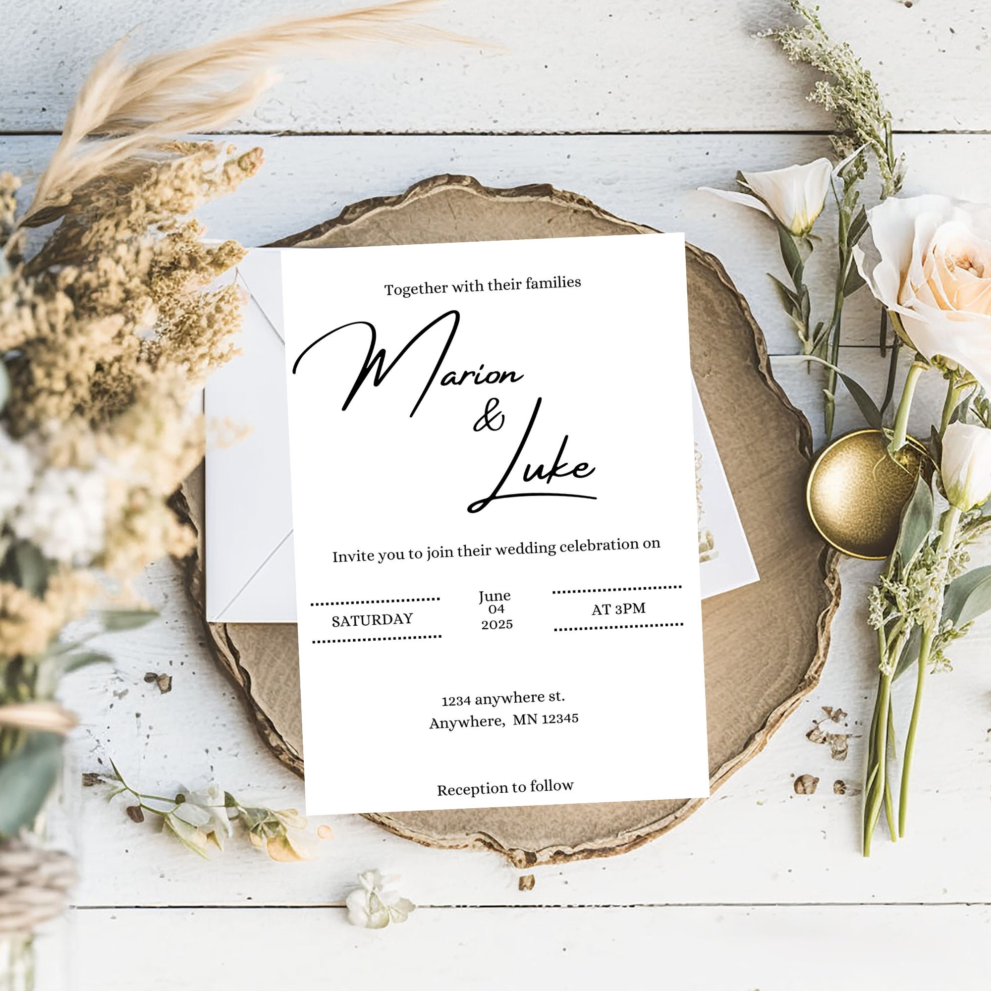 Minimalist Wedding Invitation Template Set, Wedding Invitation Set ...