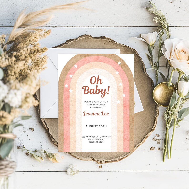 Editable Boho Rainbow Baby Shower Invitation Pink Boho Rainbow Shower ...
