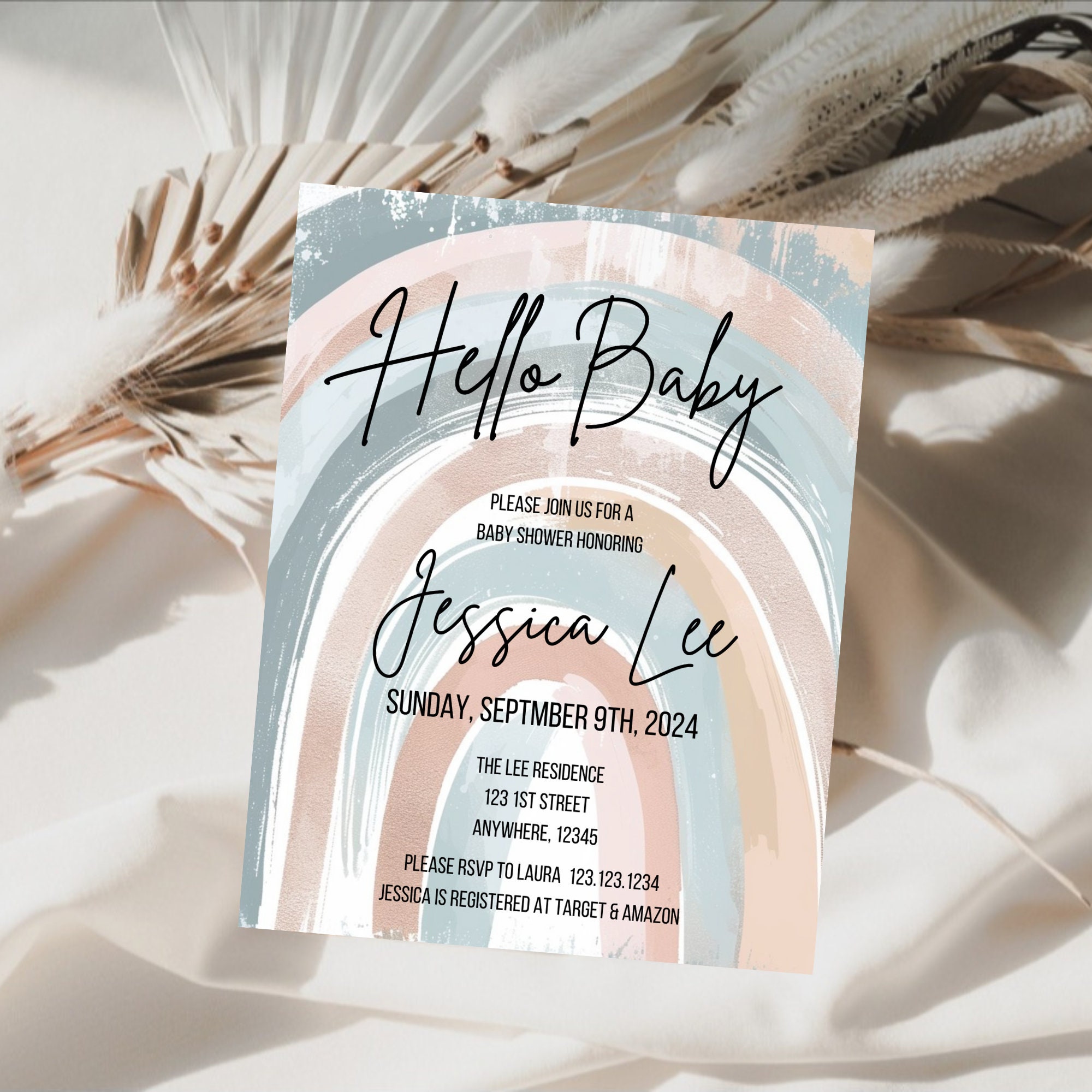 Editable Boho Rainbow Baby Shower Invitation Pink Boho Rainbow Shower ...
