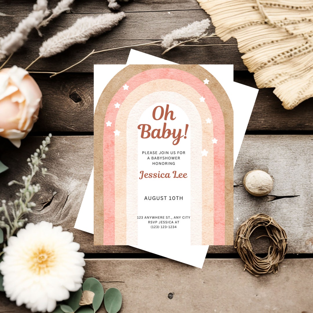 Editable Boho Rainbow Baby Shower Invitation Pink Boho Rainbow Shower ...