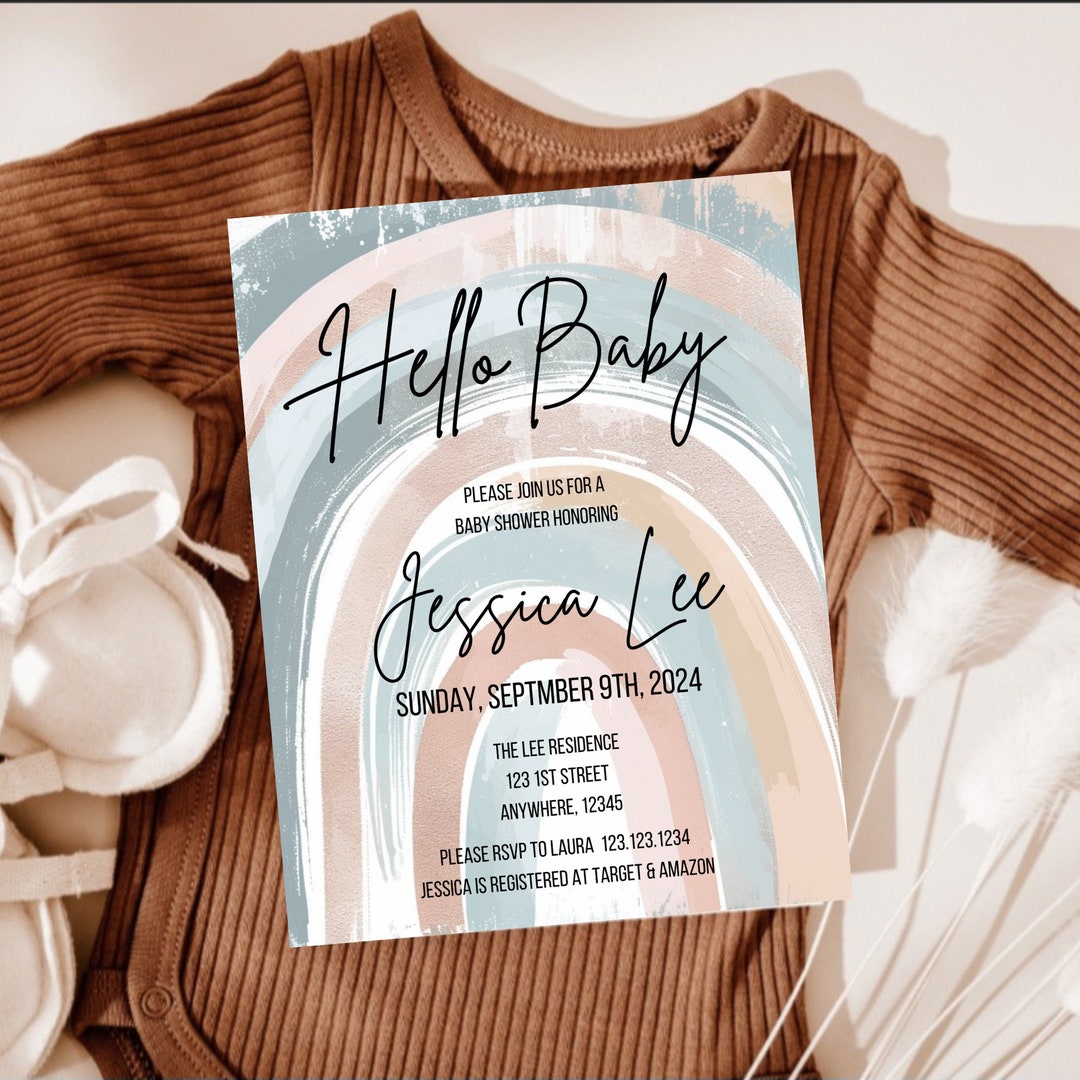 Editable Boho Rainbow Baby Shower Invitation Pink Boho Rainbow Shower ...
