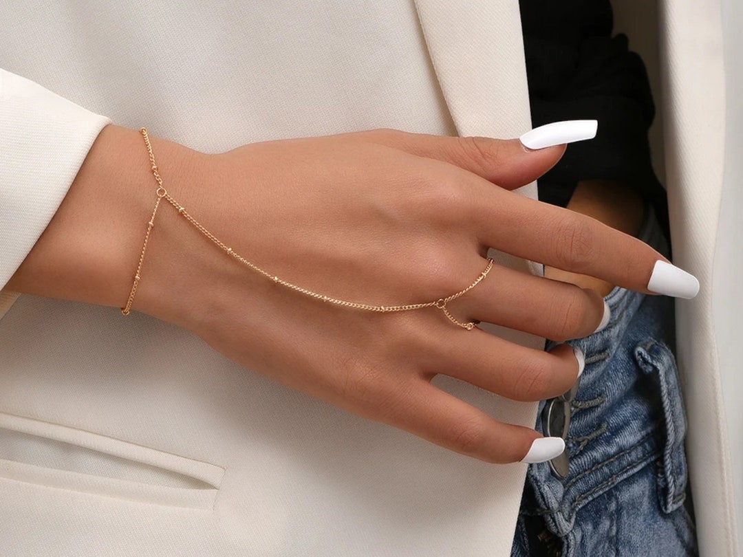 Gold Color Creative Tiny Chain Bracelet & Finger Rings Women's Hand ...