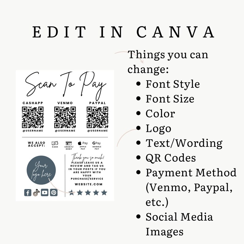 Editable Scan to Pay Template, Leave a Review Card, Let's Get Social ...