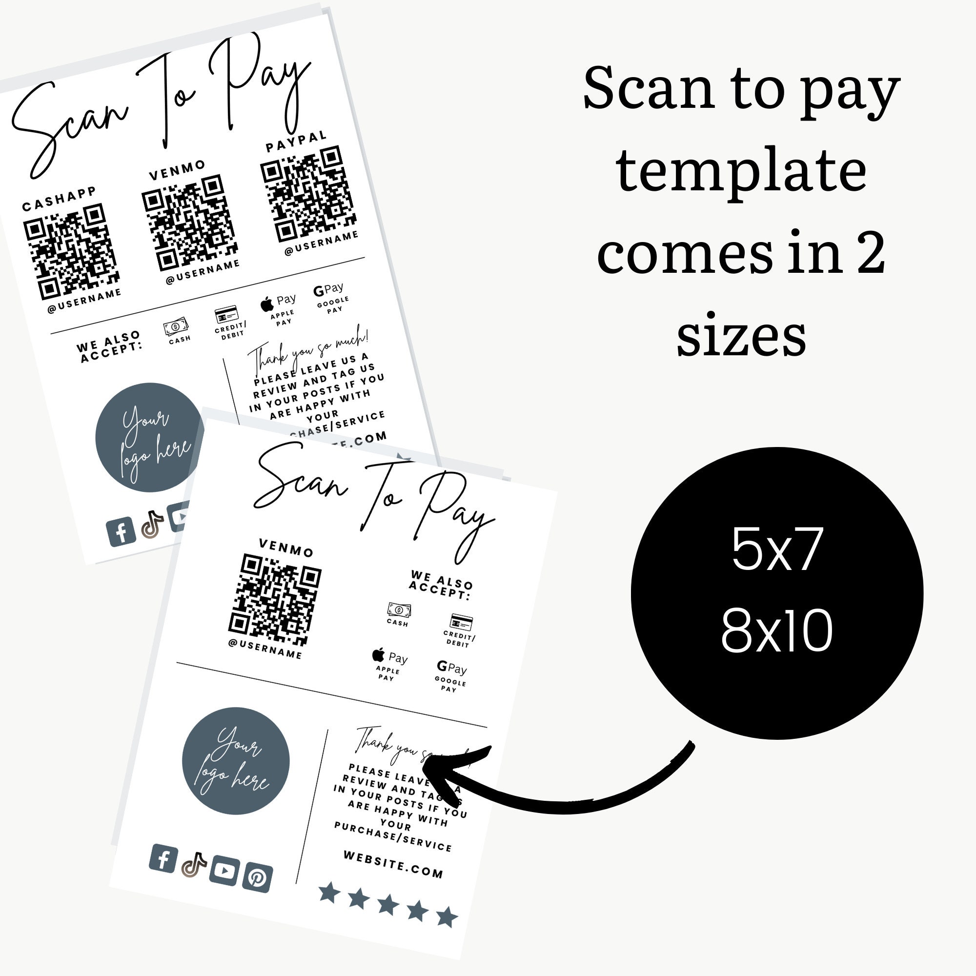 Editable Scan to Pay Template, Leave a Review Card, Let's Get Social ...
