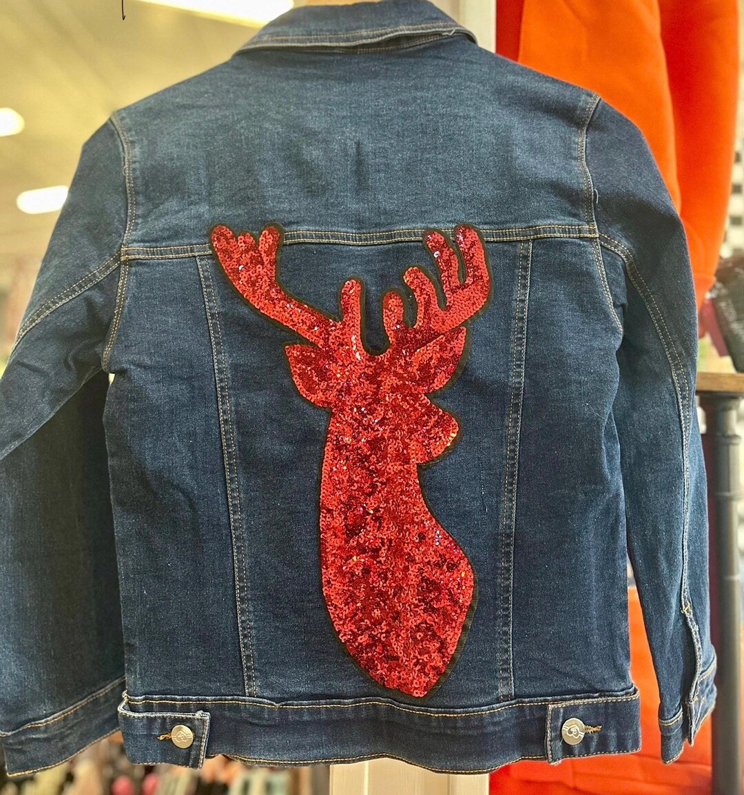 Kids Denim Jacket With Red Reindeer/deer Sequin on the Back - Etsy