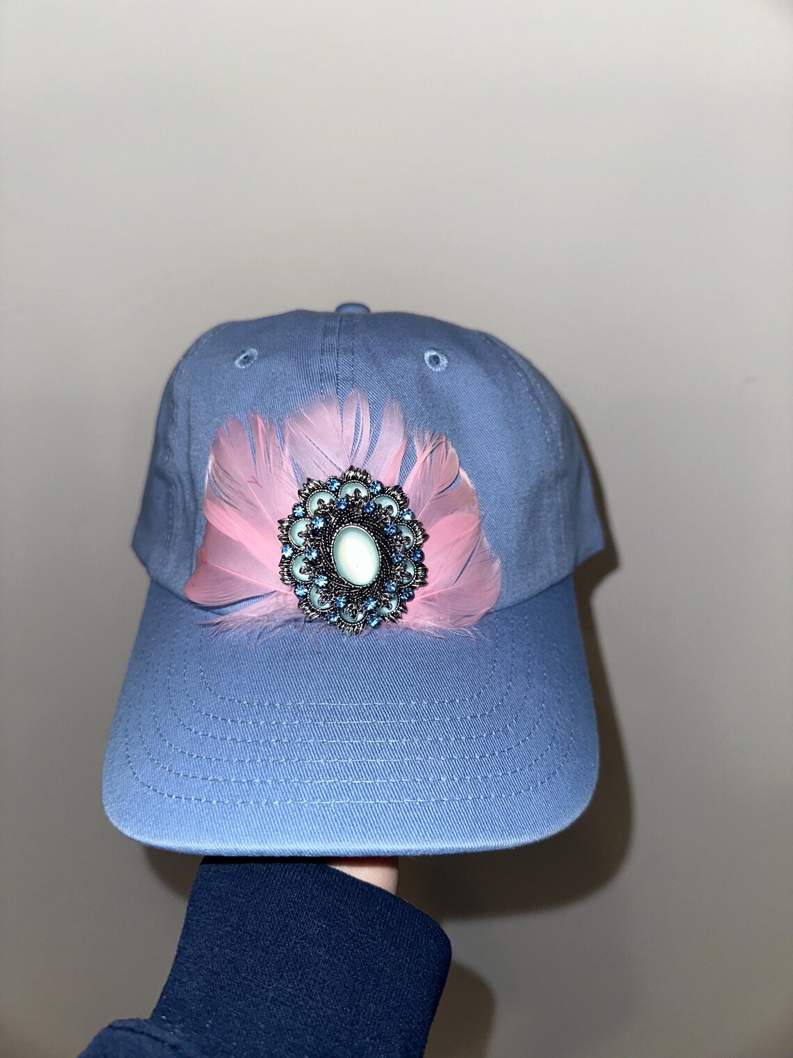 Pink Feathered Denim Ball Cap - Etsy