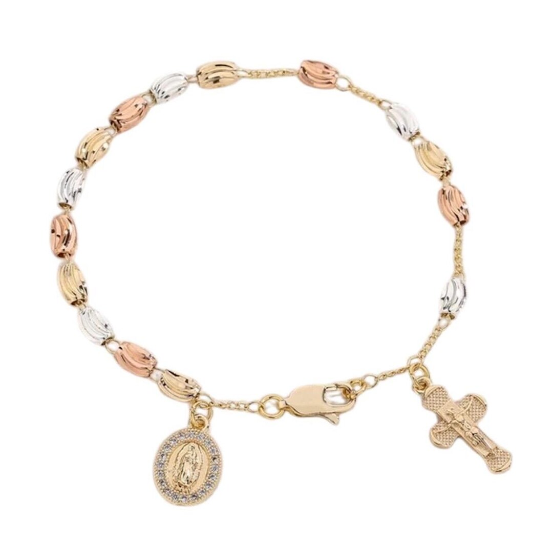 Rosary Beaded Bracelet With Virgin Mary Charm Three Colour Gold ...