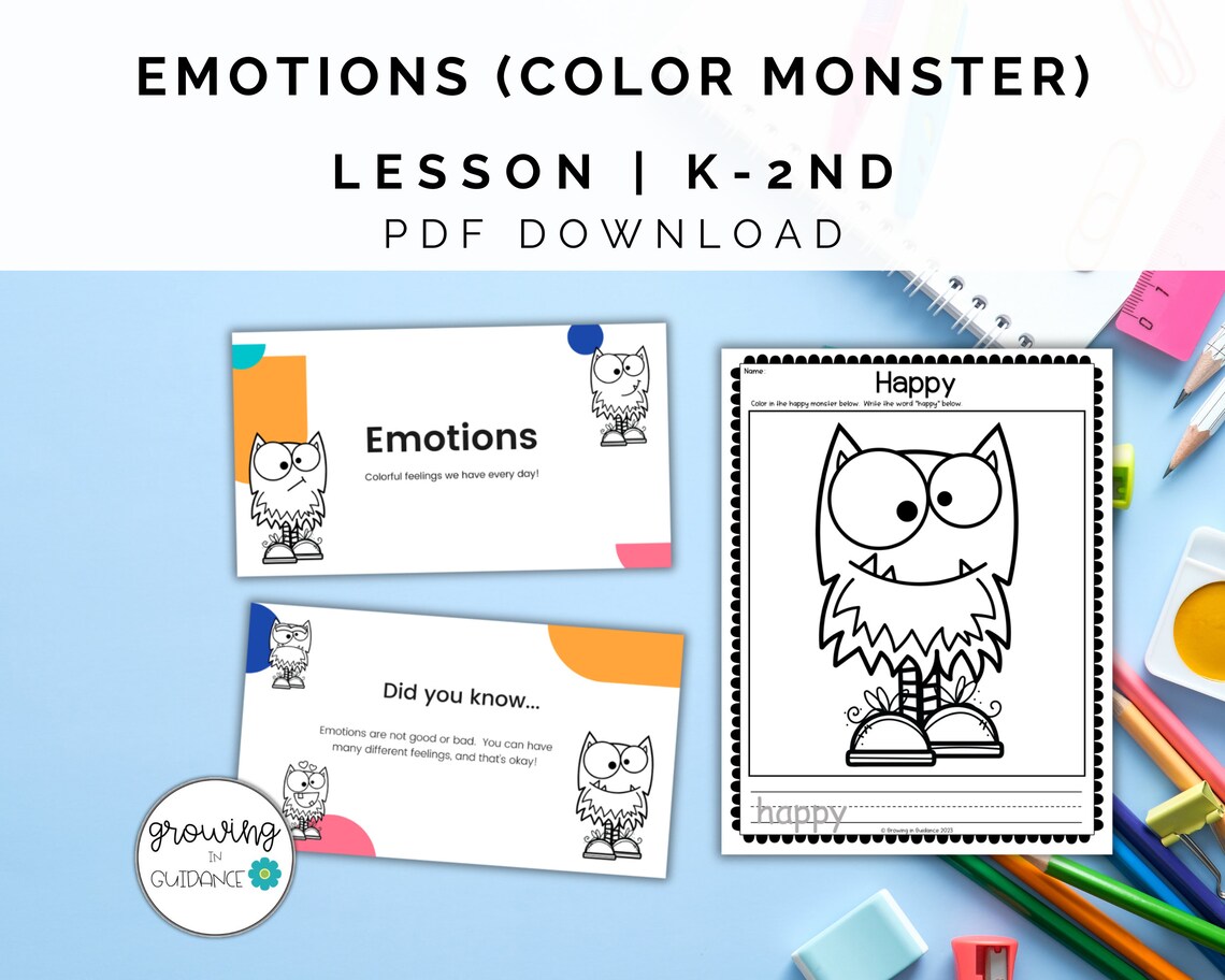 Color Monster Emotions Lesson: K-2 Presentation & Worksheets (digital ...