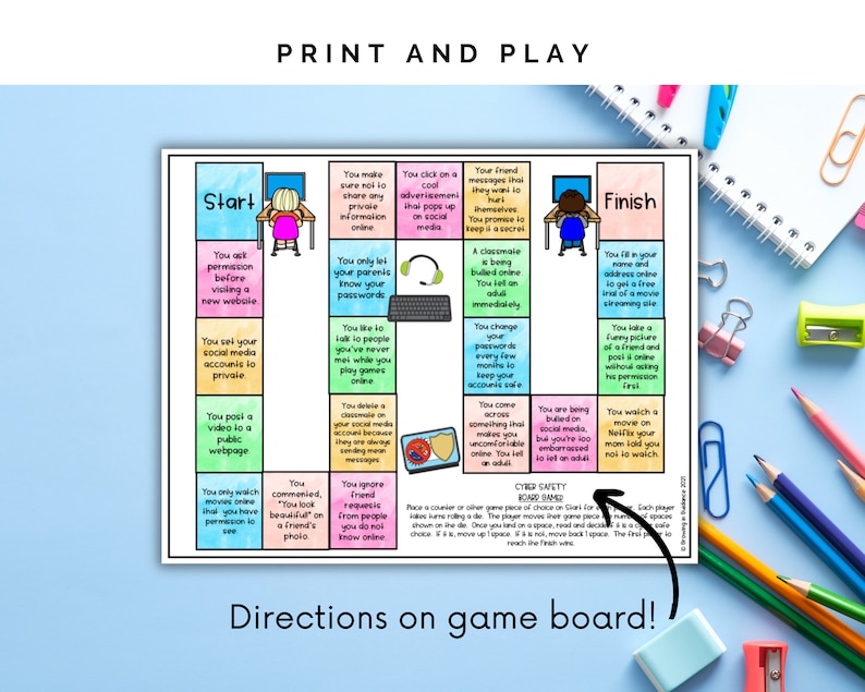 Cyber Safety Board Game 3rd-5th Grade | No Prep Internet Safety Tech ...