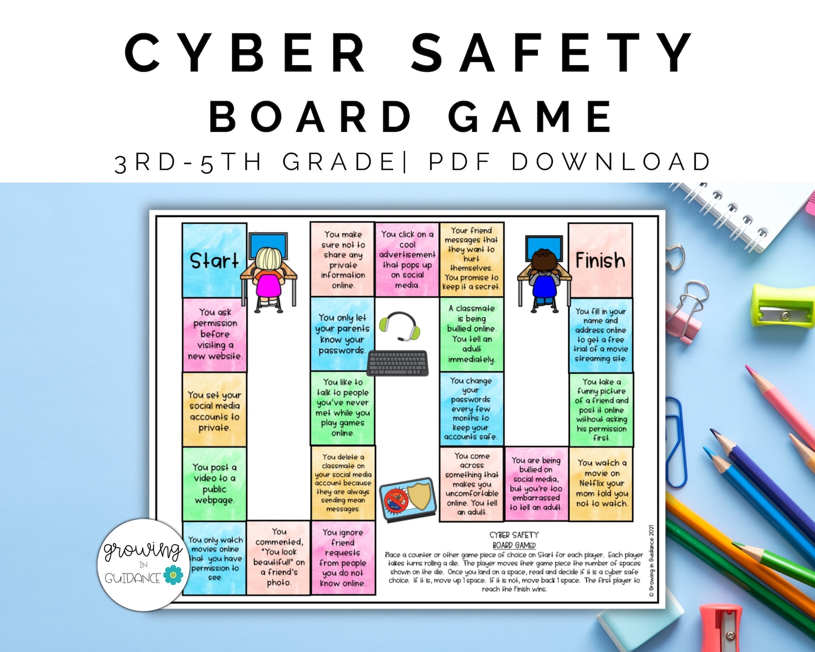 Cyber Safety Board Game 3rd-5th Grade | No Prep Internet Safety Tech ...
