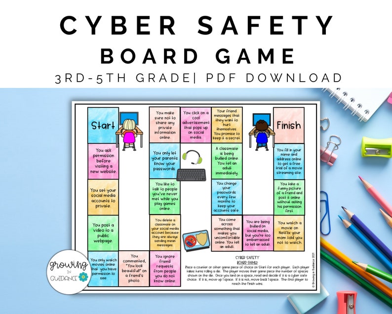 Cyber Safety Board Game 3rd-5th Grade | No Prep Internet Safety Tech ...