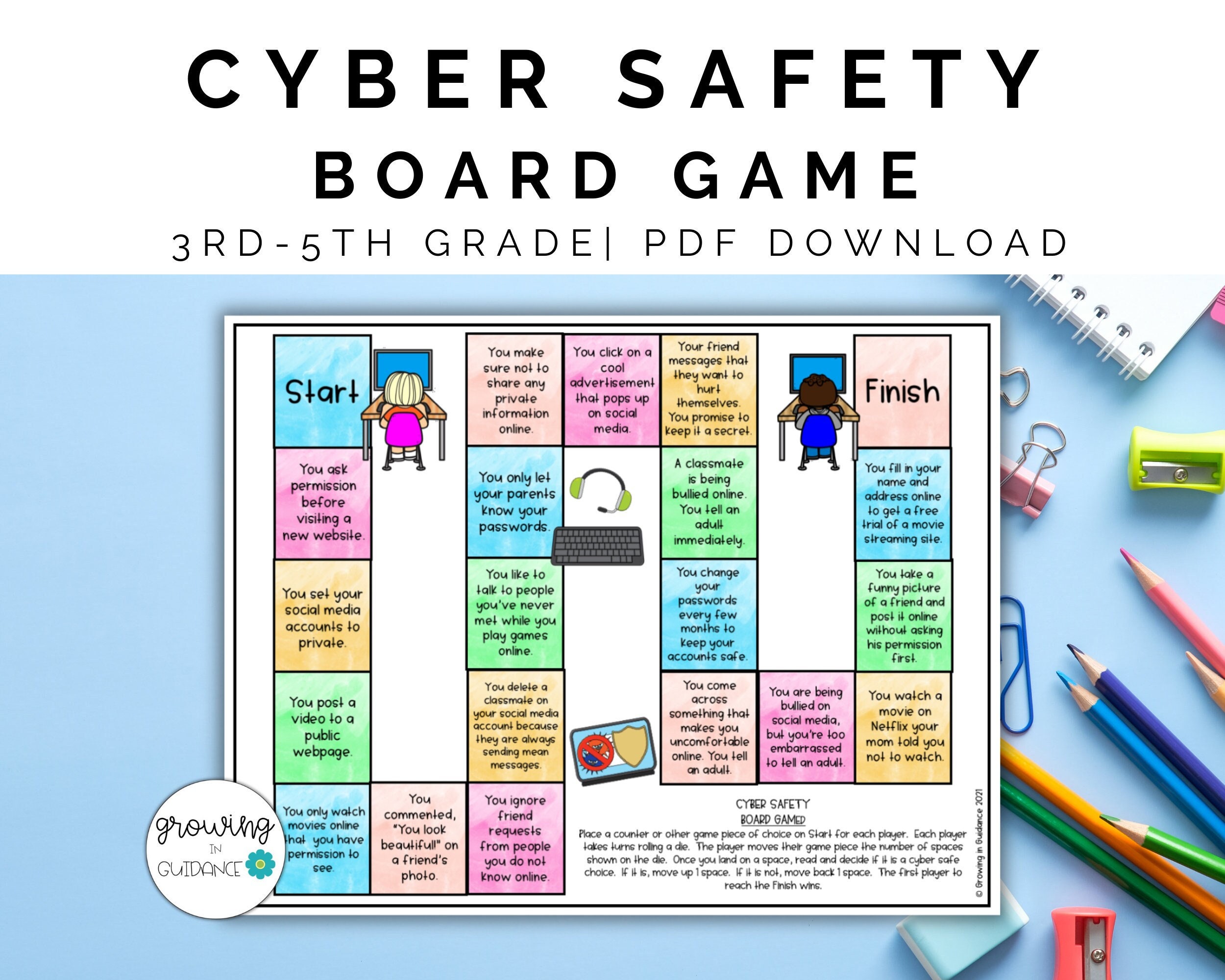 Cyber Safety Board Game 3rd-5th Grade | No Prep Internet Safety Tech ...
