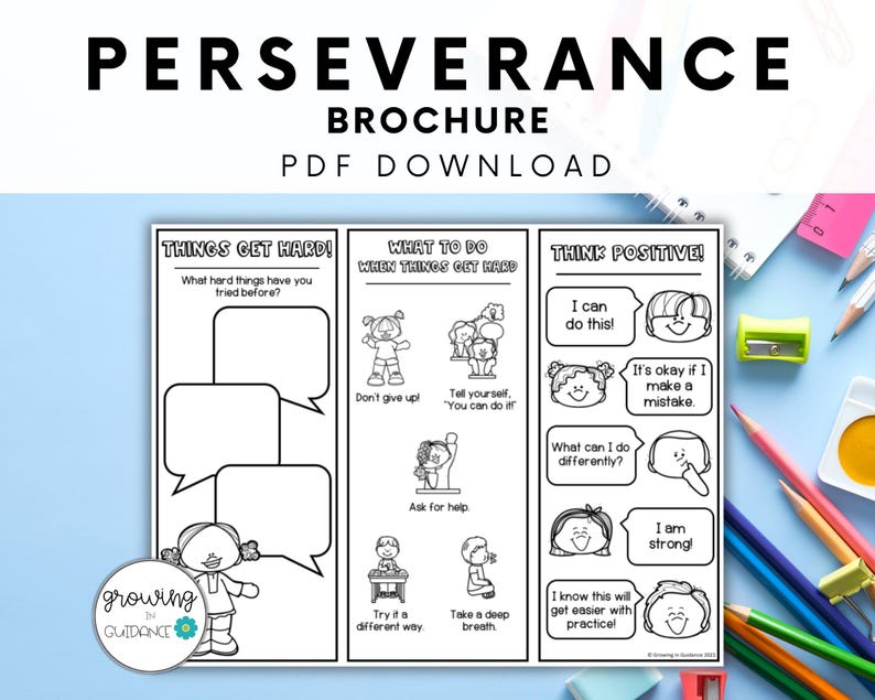 Perseverance Brochure K-2nd Grade Elementary Growth Mindset Character ...