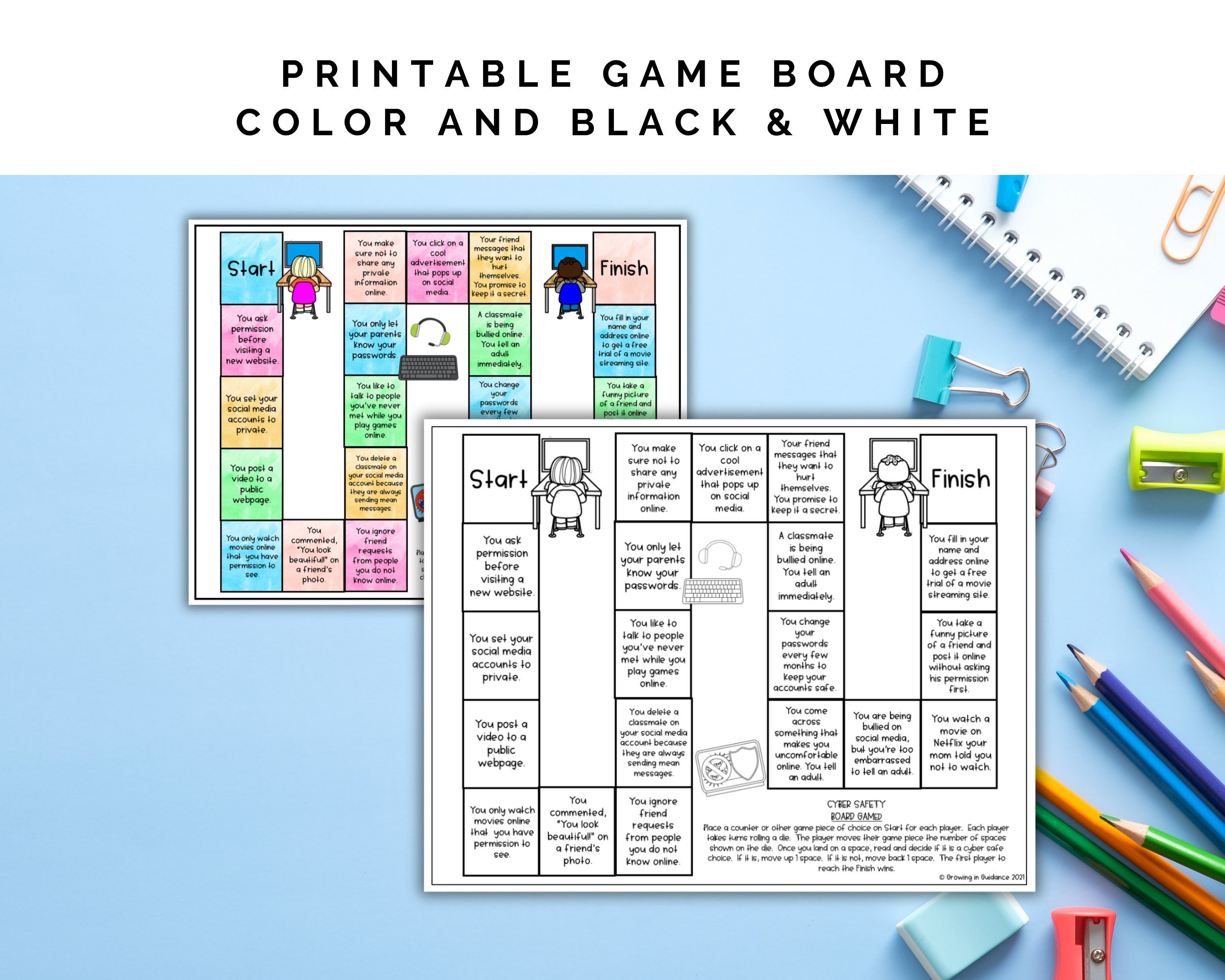 Cyber Safety Board Game 3rd-5th Grade | No Prep Internet Safety Tech ...