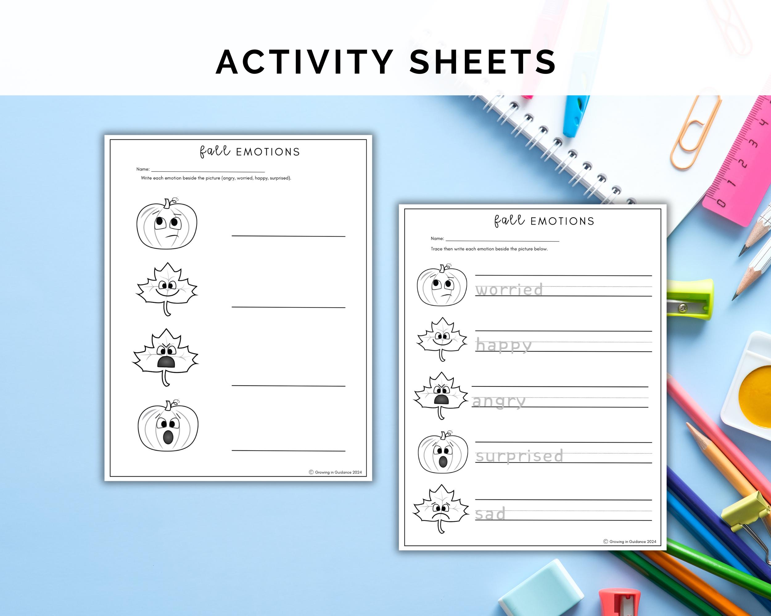 Fall Emotions Activity Sheets K-2nd | Autumn SEL School Counseling ...