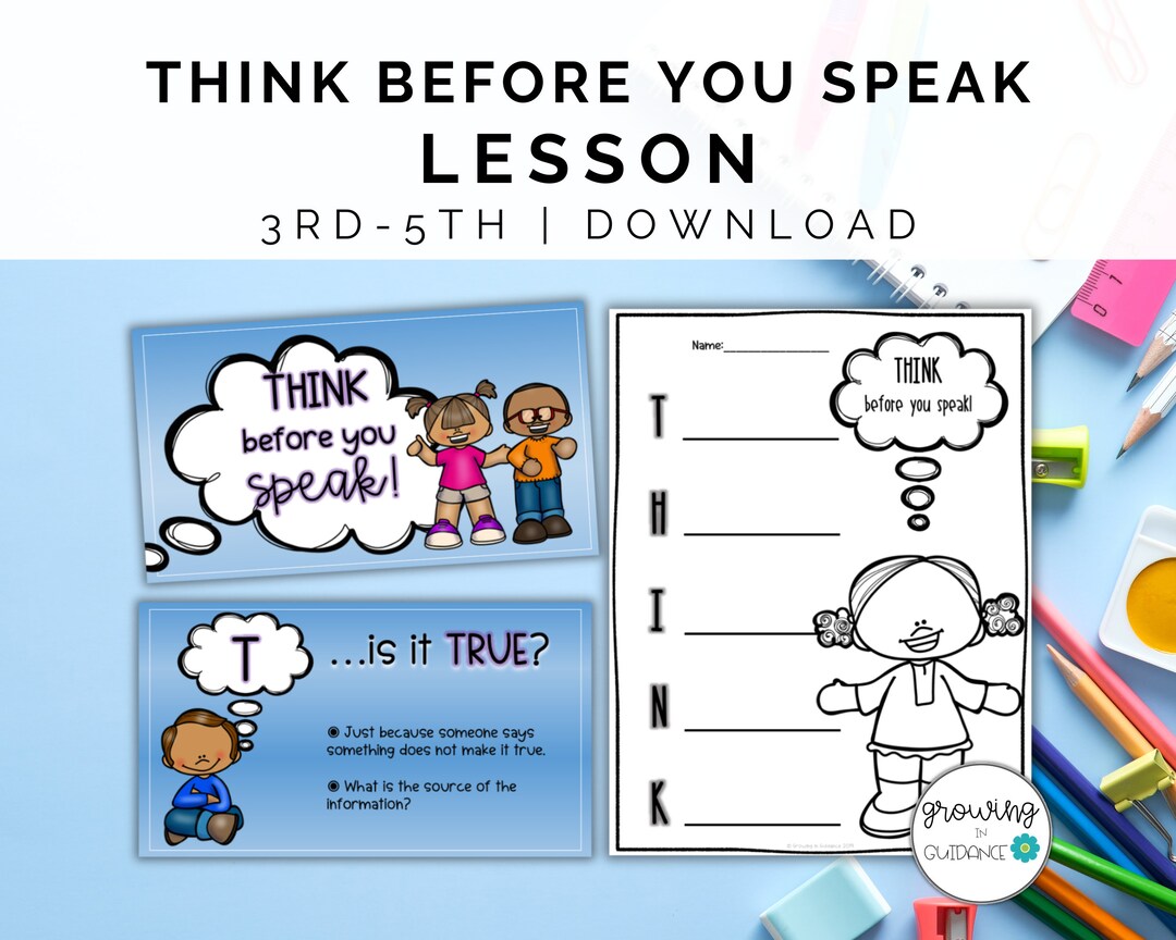 THINK Before You Speak Lesson and Presentation 3rd-5th Grade Kindness SEL Social Skills Gossip ...