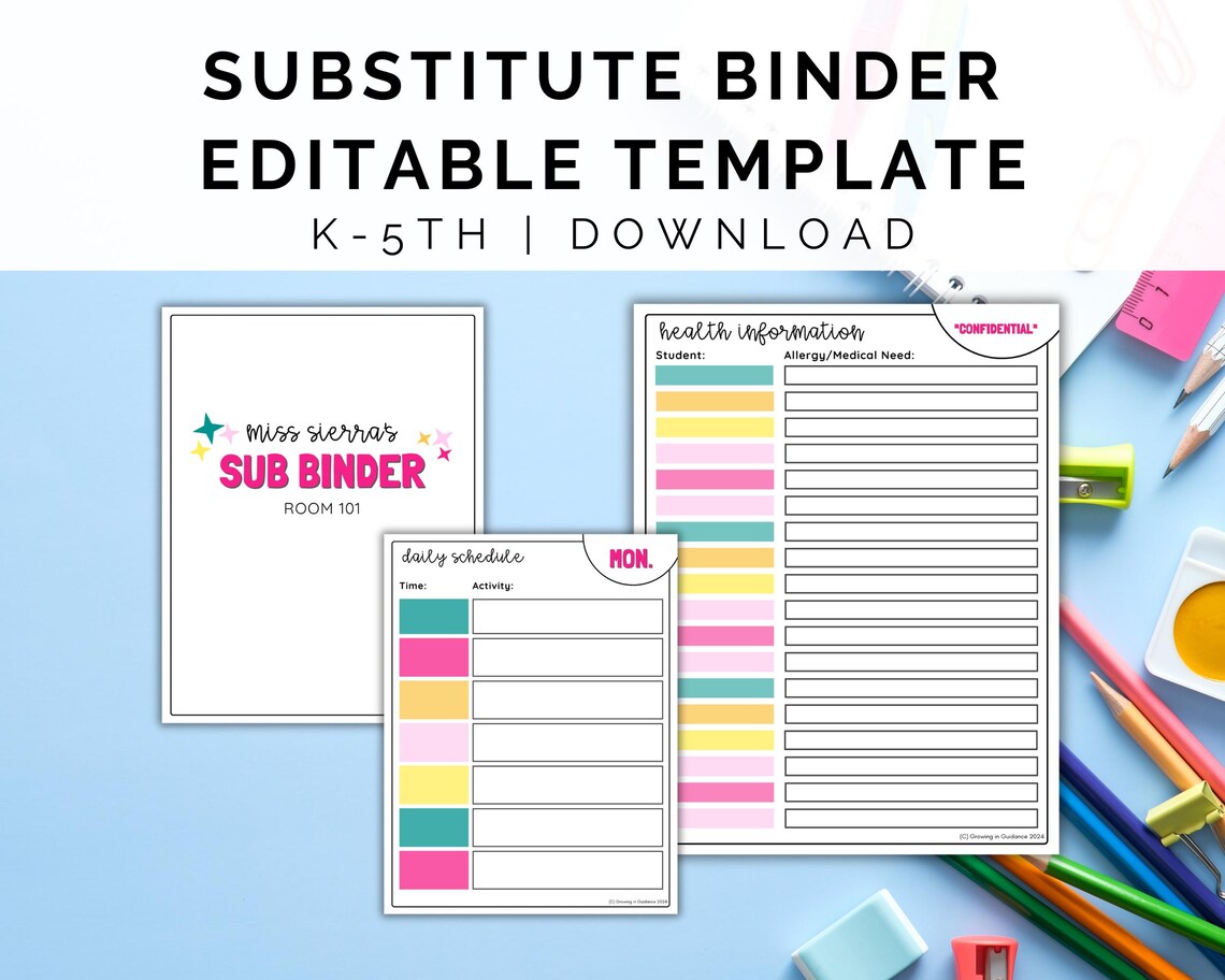 Editable Substitute Teacher Binder Template: K-5 Forms (digital ...