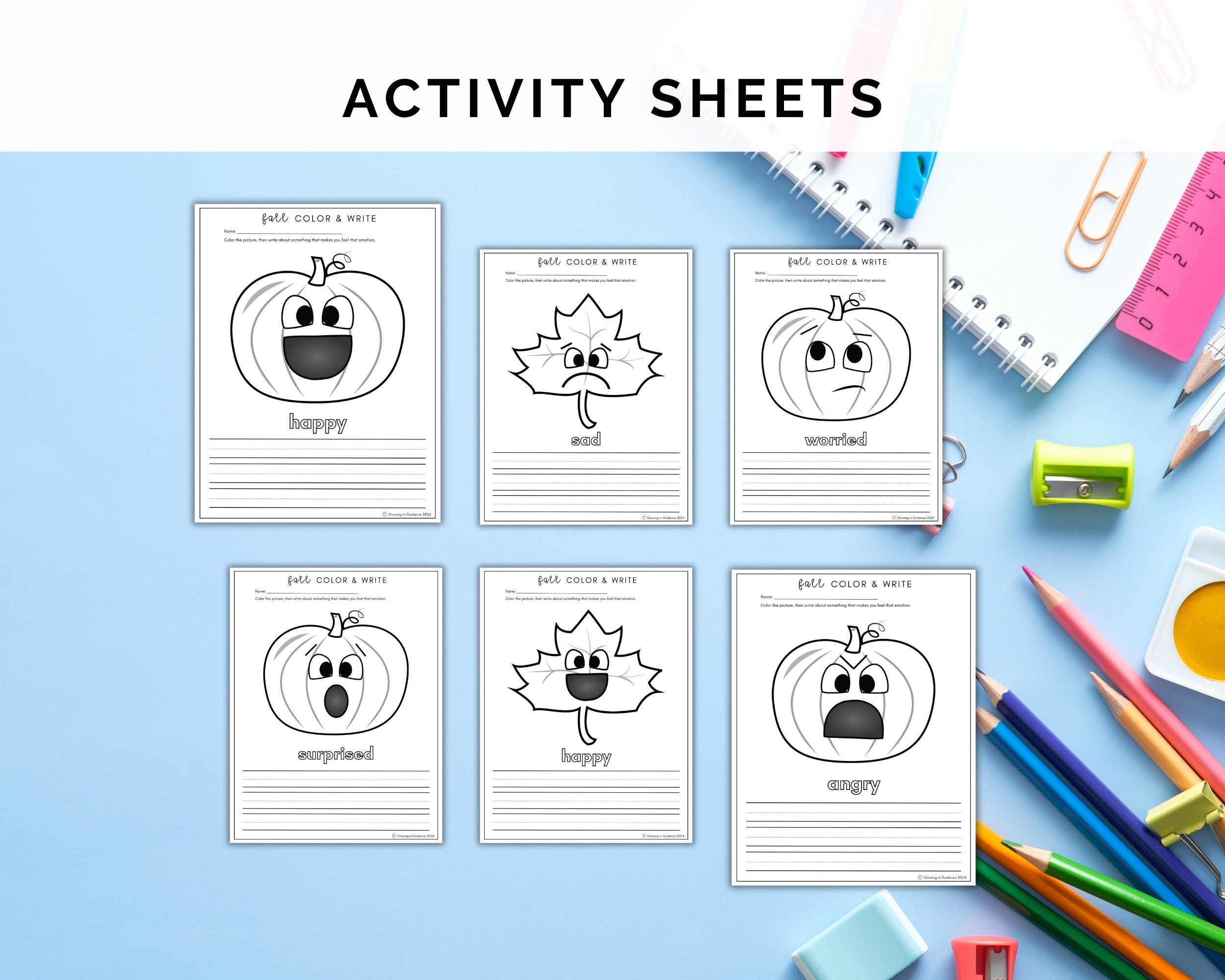 Fall Emotions Activity Sheets K-2nd | Autumn SEL School Counseling ...