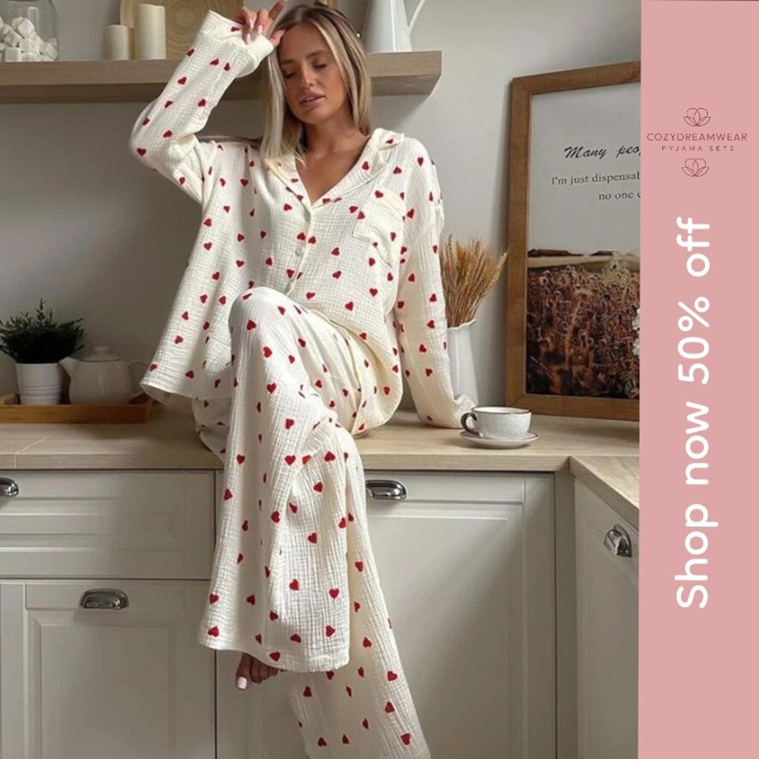 Valentine Love Heart Pajama Set Women, White Pajama Set,cotton Pajama ...