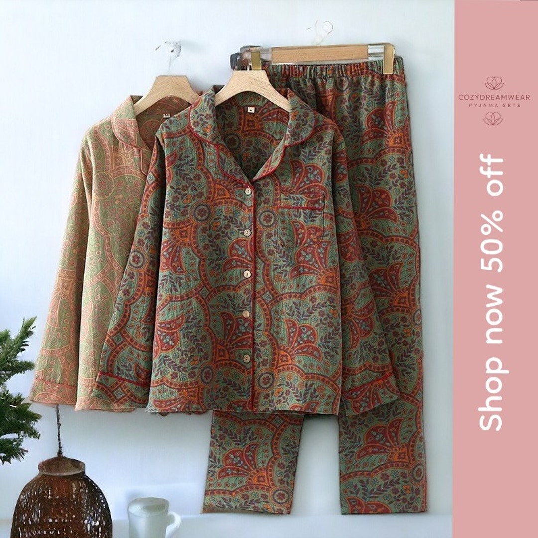 Cute Retro Autumn Shirt and Trouser PJ Set, Cotton Pyjamas for Women ...