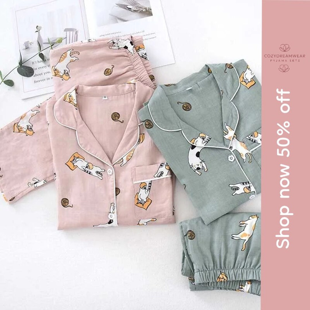 Cat Pyjamas Set, Cute Cat Pjs for Her,loungewear,pajama Shirt and ...