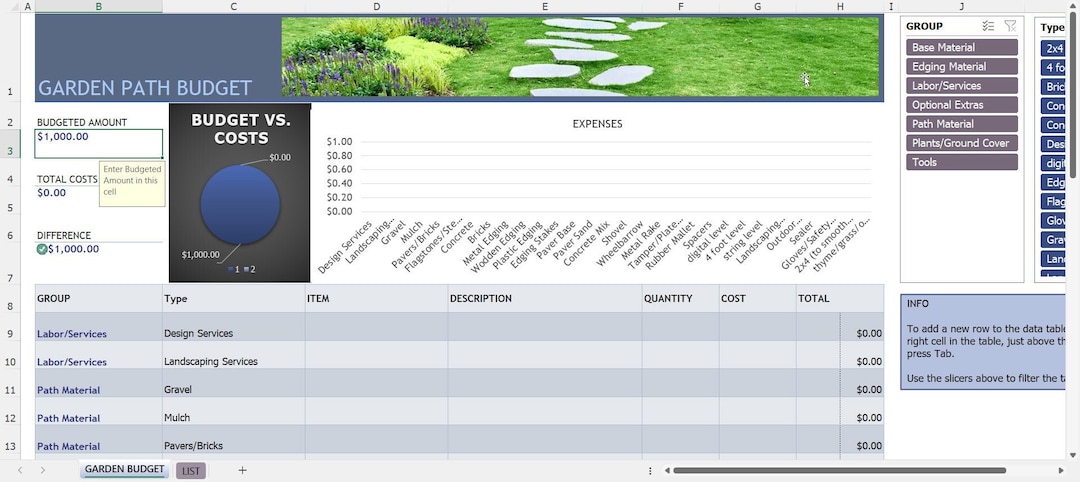 Garden Path Budget Template Excel - My Garden Guide - Etsy