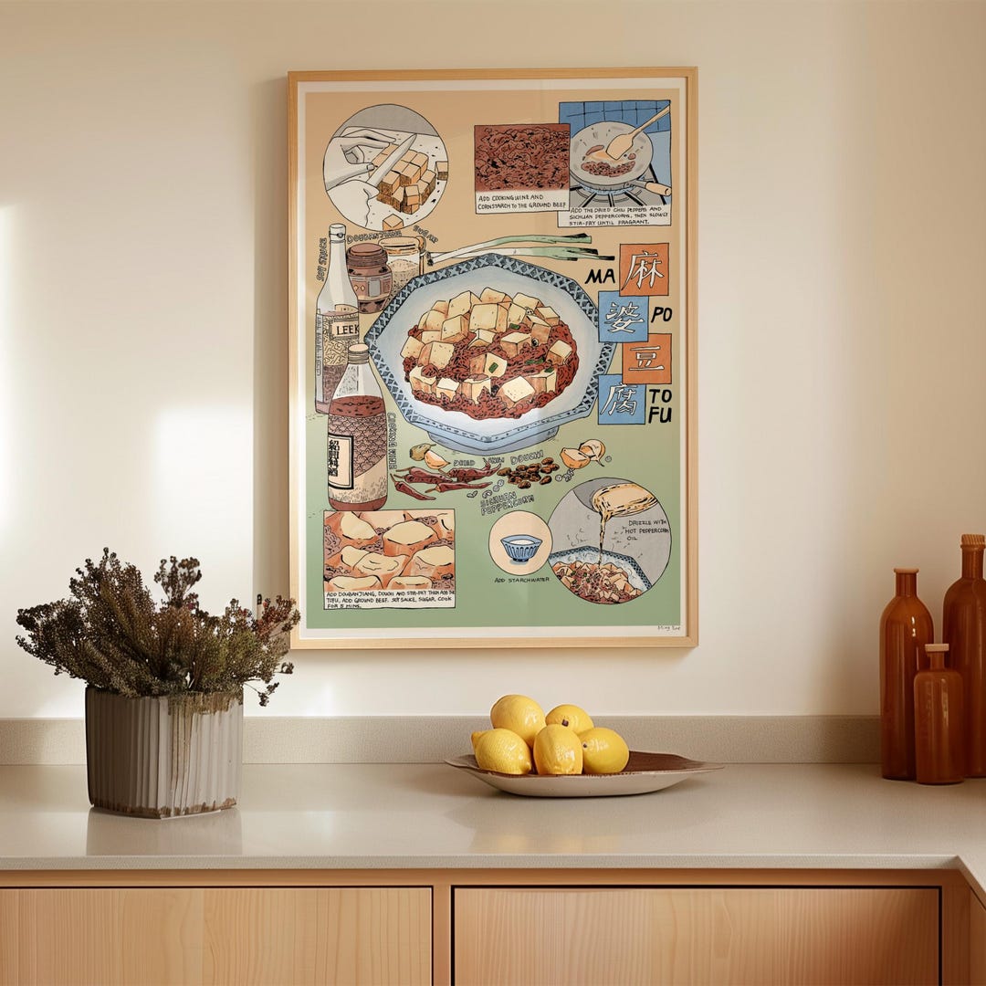 Asian Food Print Art Work Food Drawing Wall Art: Mapo Tofu Recipe ...