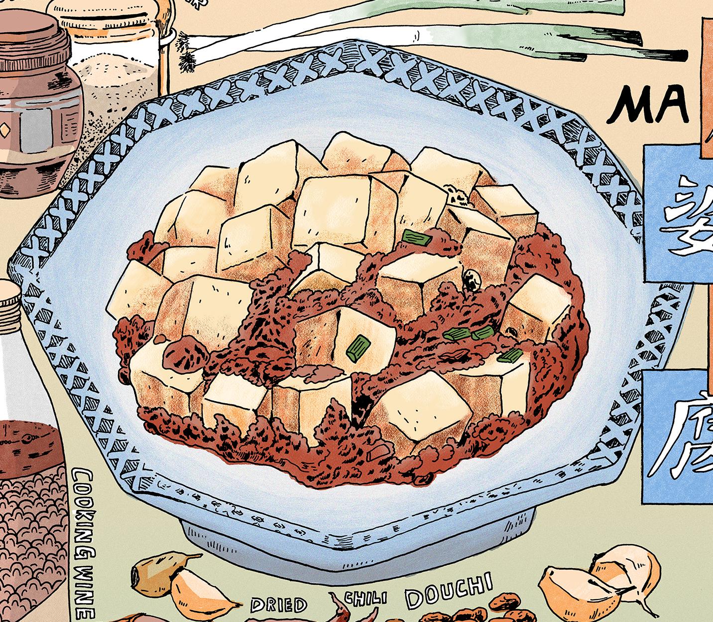 Asian Food Print Art Work Food Drawing Wall Art: Mapo Tofu Recipe ...