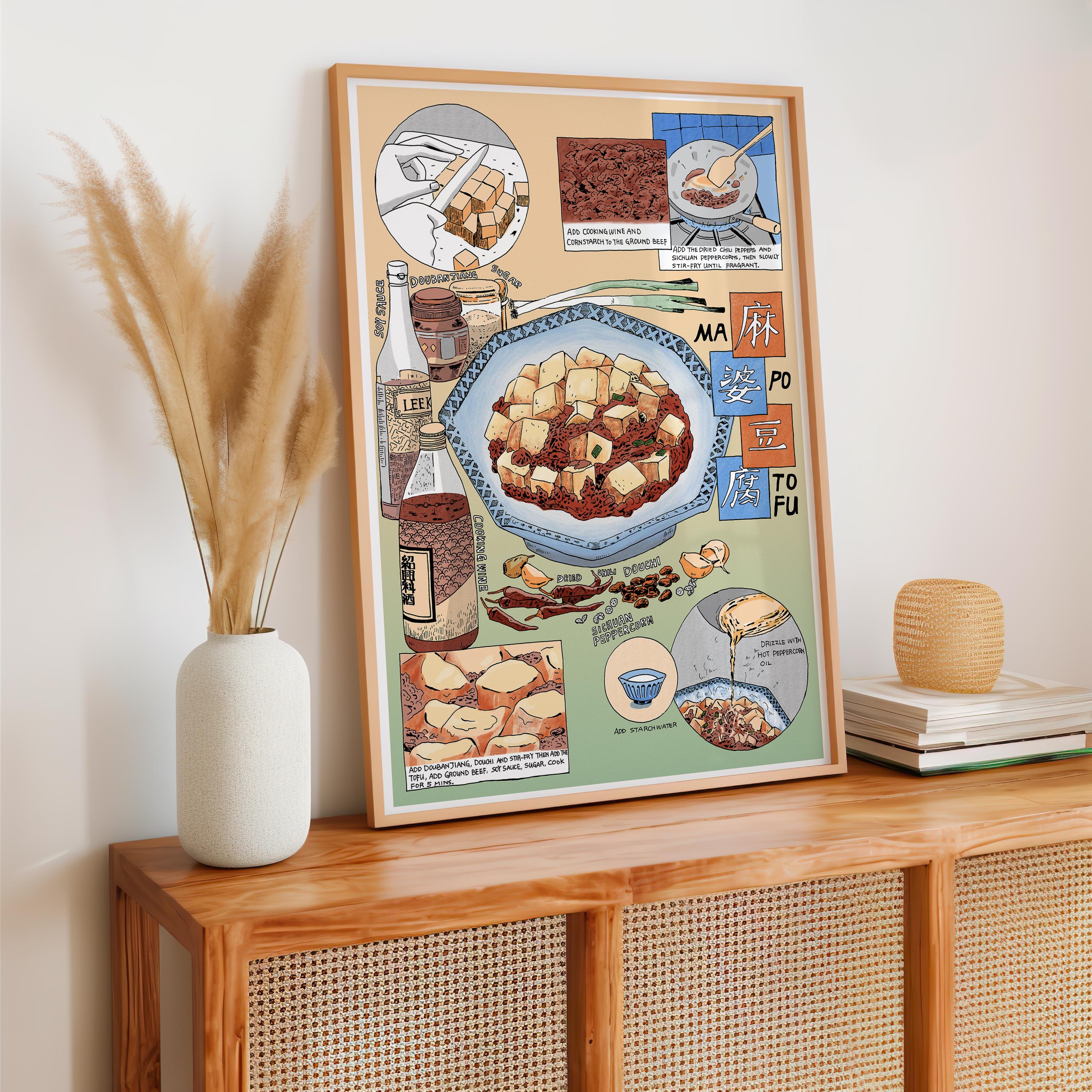Asian Food Print Art Work Food Drawing Wall Art: Mapo Tofu Recipe ...