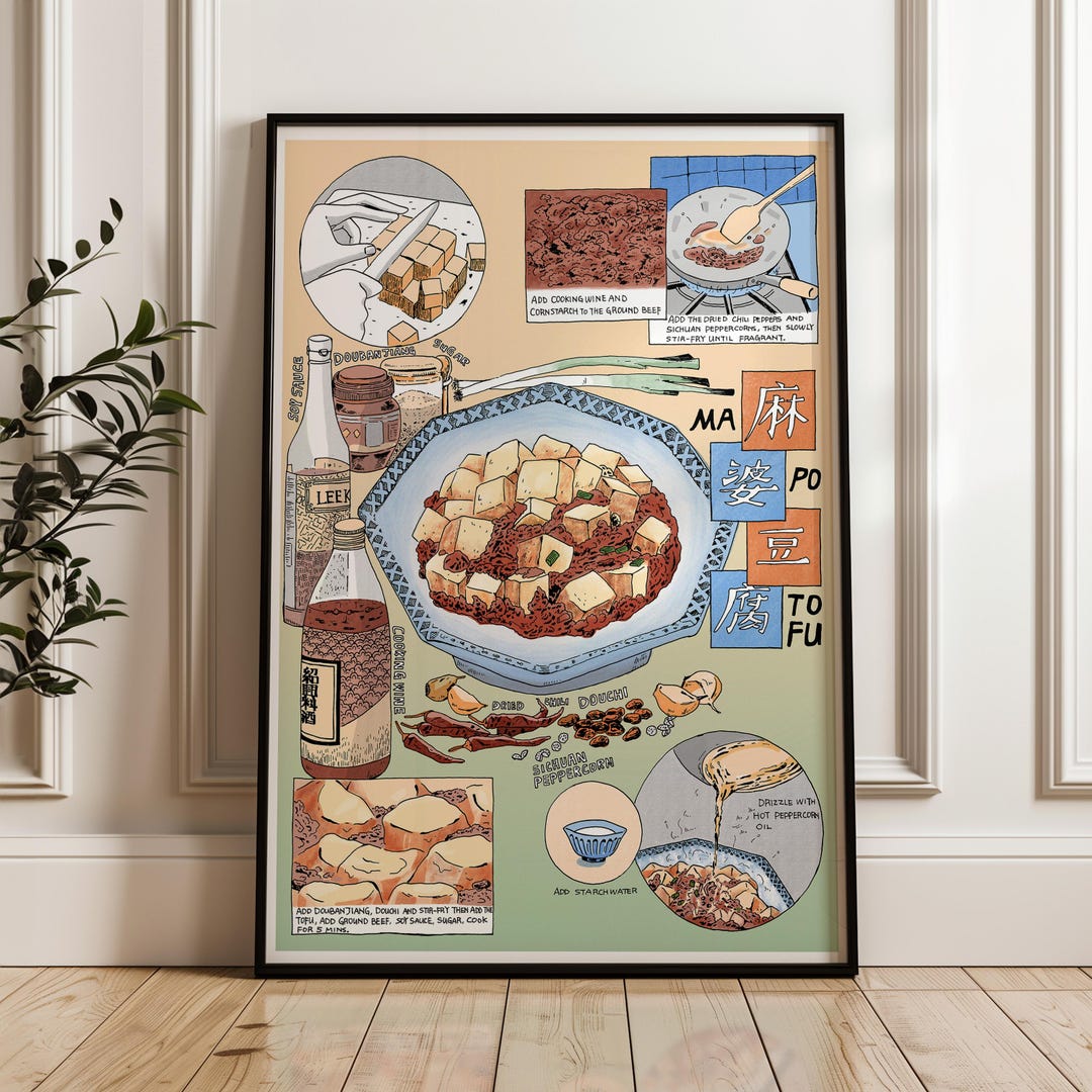 Culinary Art Work Food Drawing Asian Cuisine Wall Art: Mapo Tofu Recipe ...