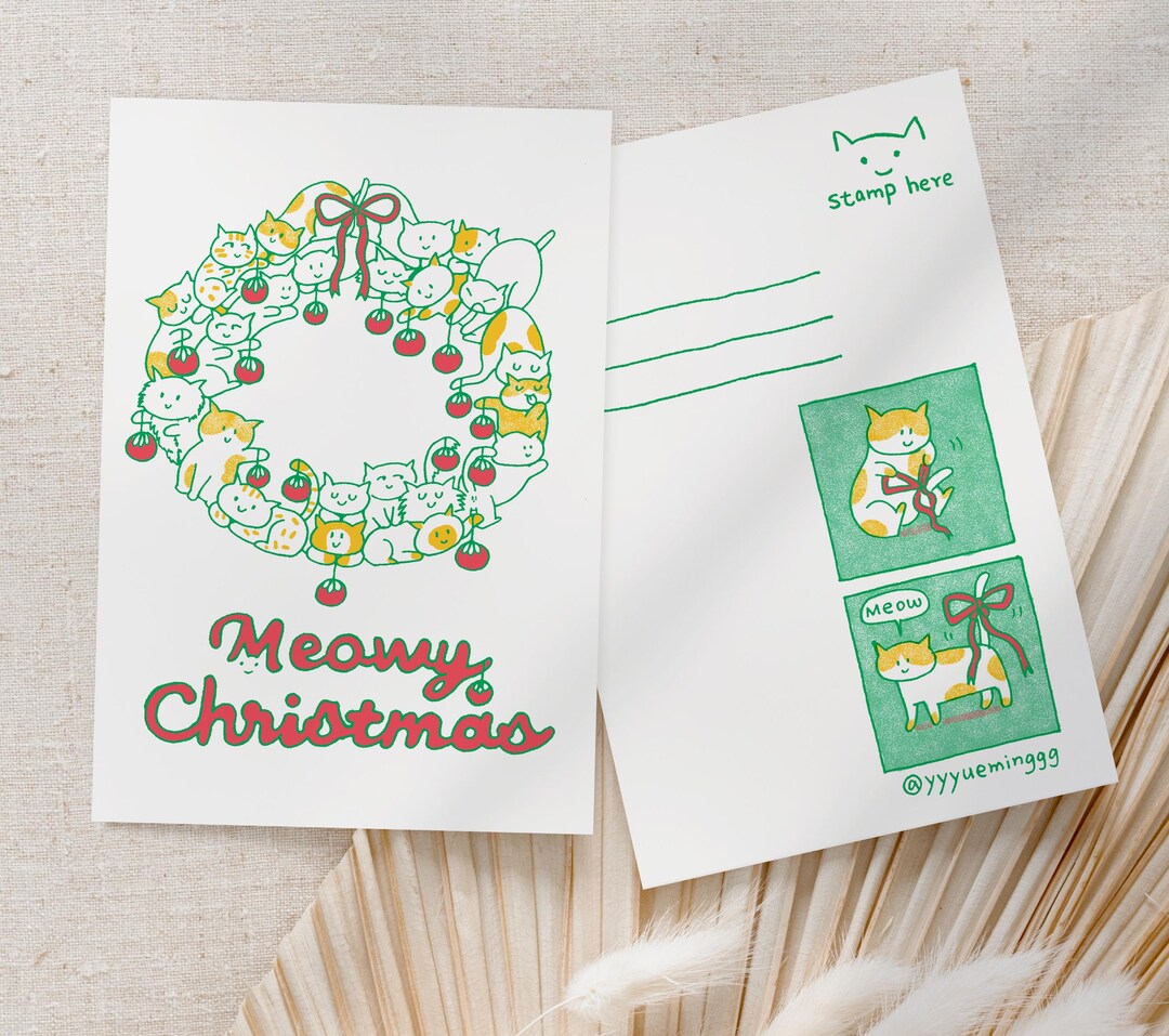 Christmas Bow Card, Meowy Christmas, Cat Postcard, Adorable Festive ...