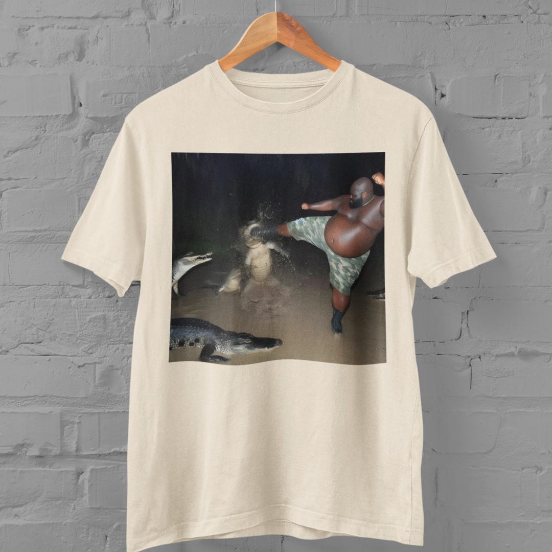 Man Kick Alligator in Swampt Funny T-shirt Gator Crocodile Tee Funny ...