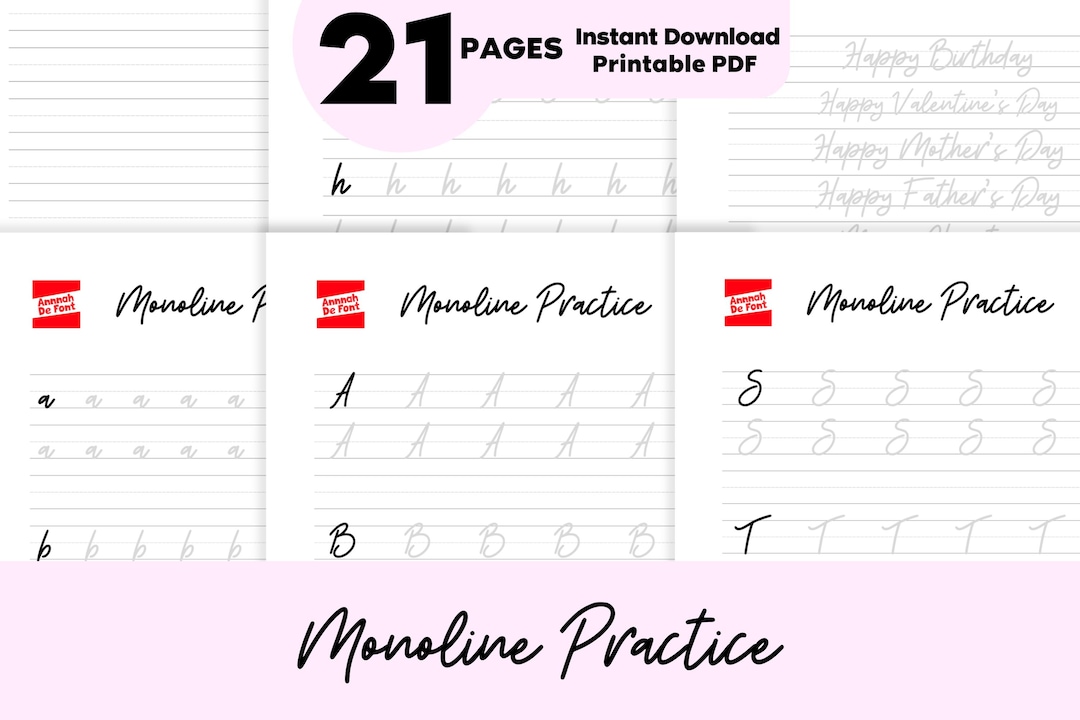 Monoline Hand Lettering Worksheets Pdf and Jpeg Printable and Digital ...