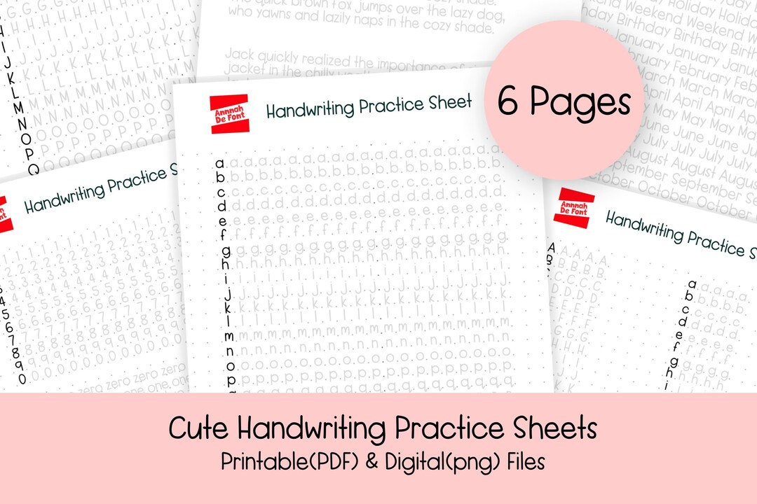 6 Handwriting Practice Sheets, Cute Handwriting Font Worksheet ...