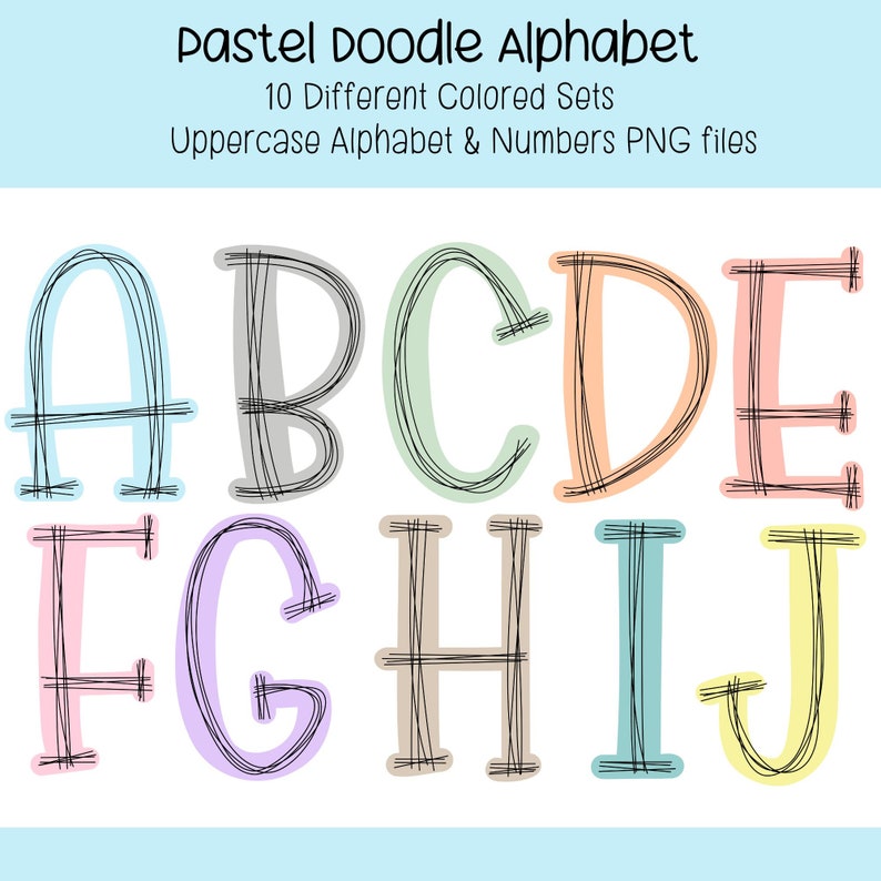 Scribble Doodle Letters PNG in 10 Colors Doodle Alphabet PNG Hand Drawn ...