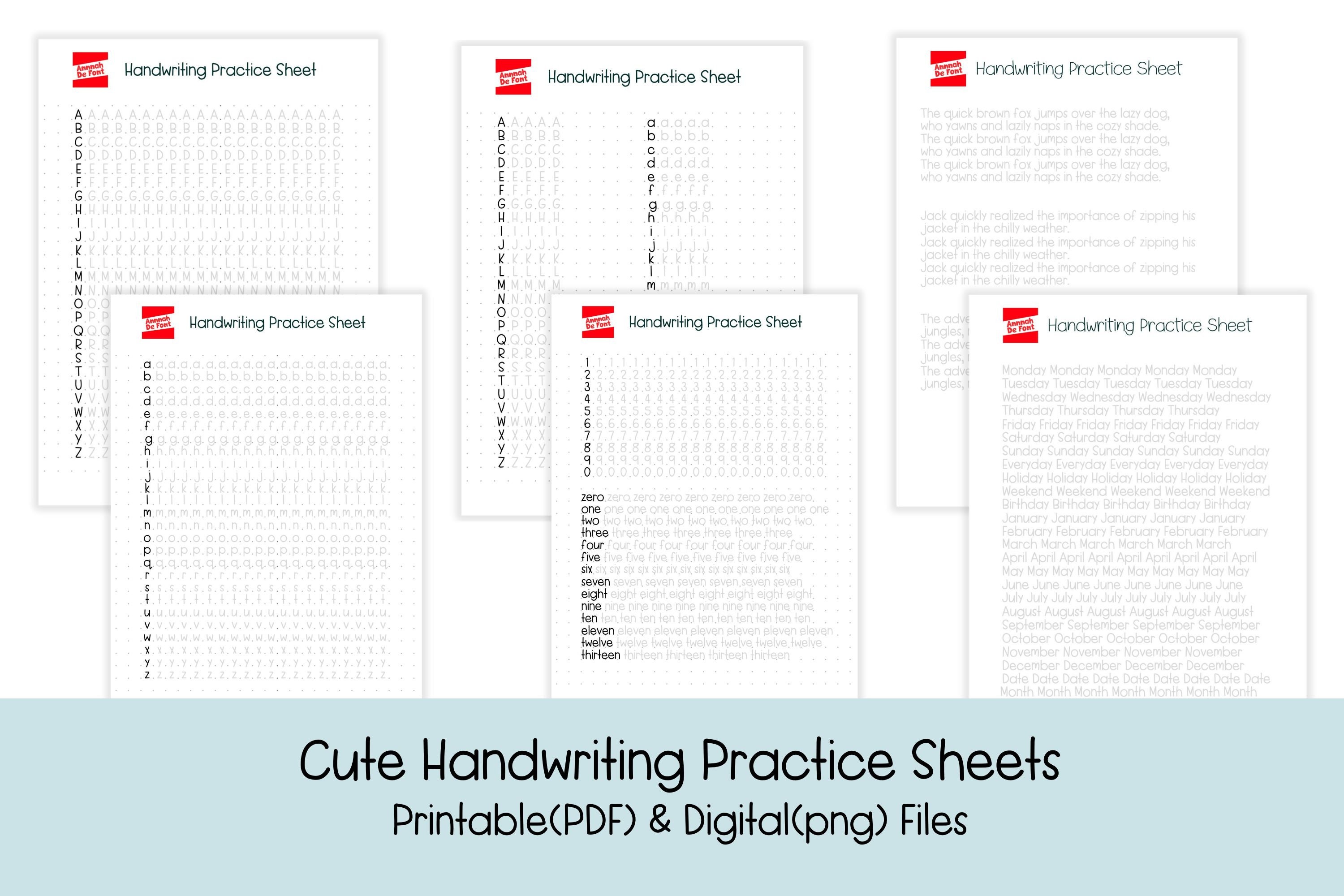 5 Cute Handwriting Practice Sheets, Handwritten Font Worksheet ...