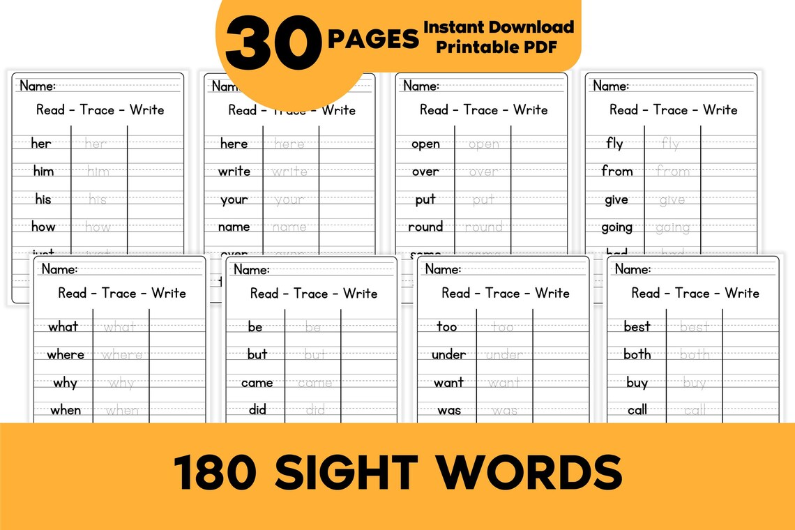 180 Printable Sight Words, Kindergarten Sight Word Worksheets ...