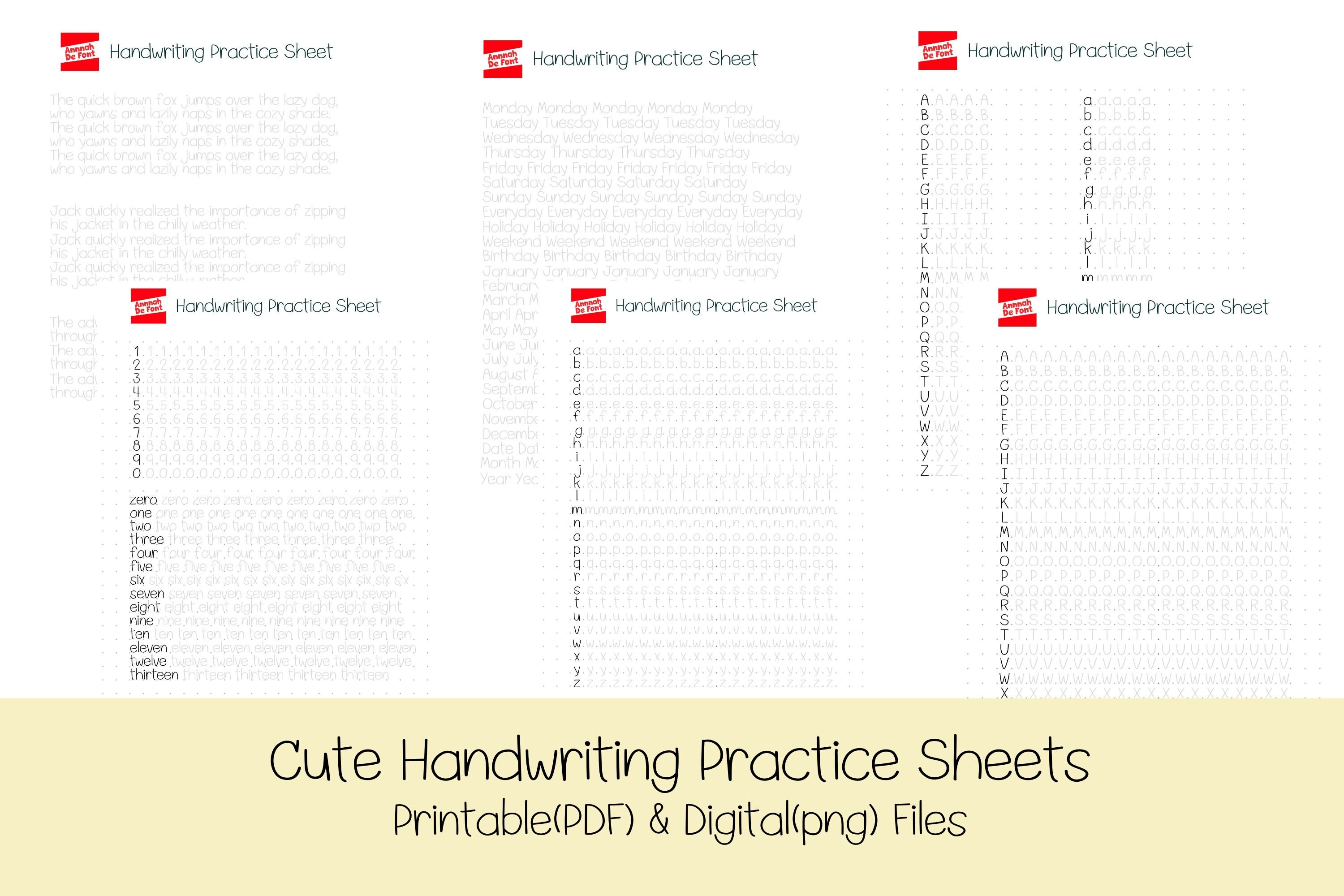 5 Cute Handwriting Practice Sheets, Handwritten Font Worksheet ...