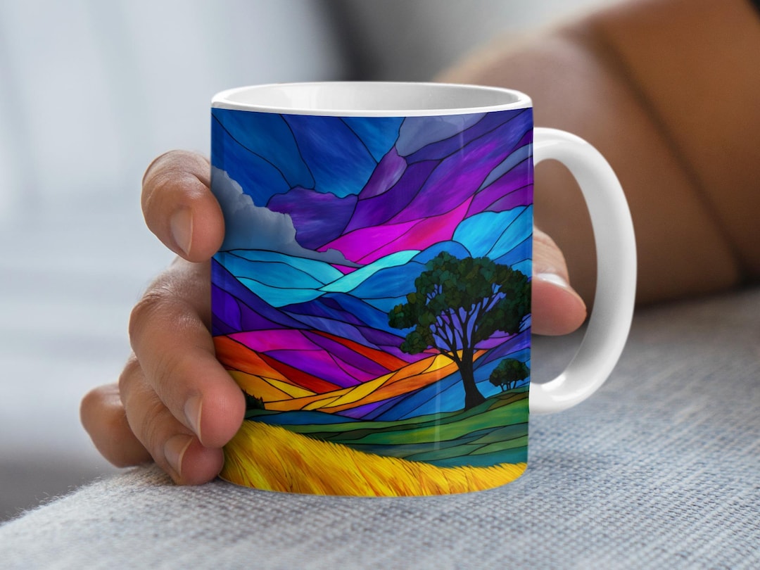 Stained Glass Mug: Rolling Hills, Wheat Field, Landscape Art, Colorful ...