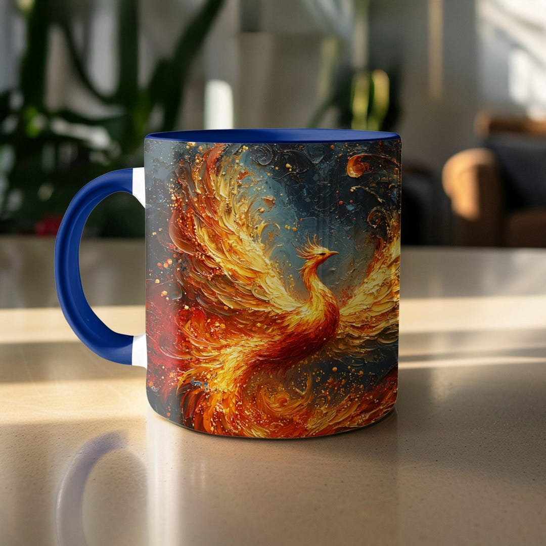 Phoenix Mug: Orange Feathered, Dark Backdrop, Bird Creature, Coffee Cup ...